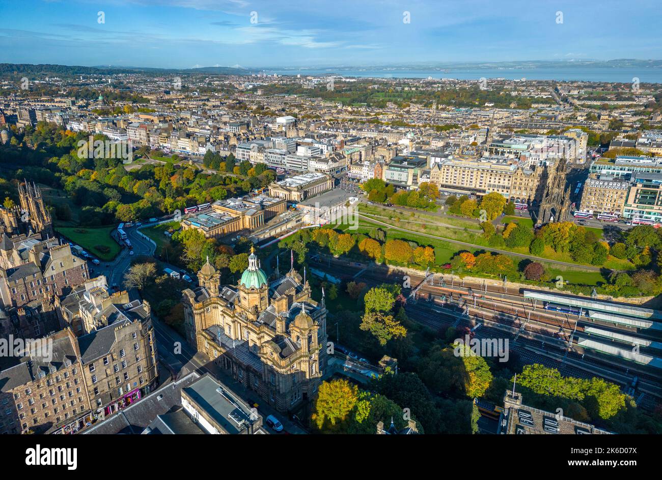Aerial view from drone of skyline of Edinburgh towards Princes Street ...