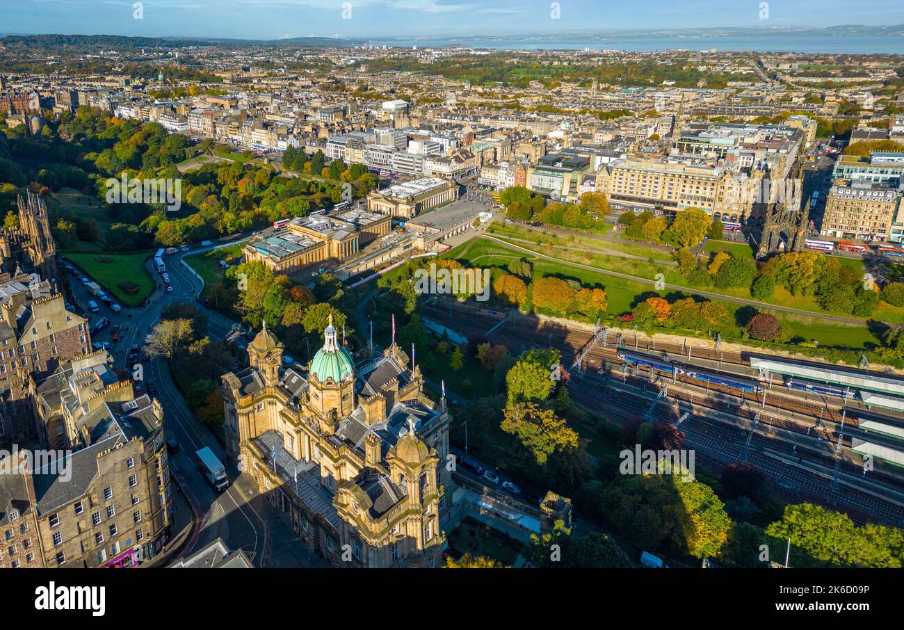 Aerial view from drone of skyline of Edinburgh towards Princes Street ...