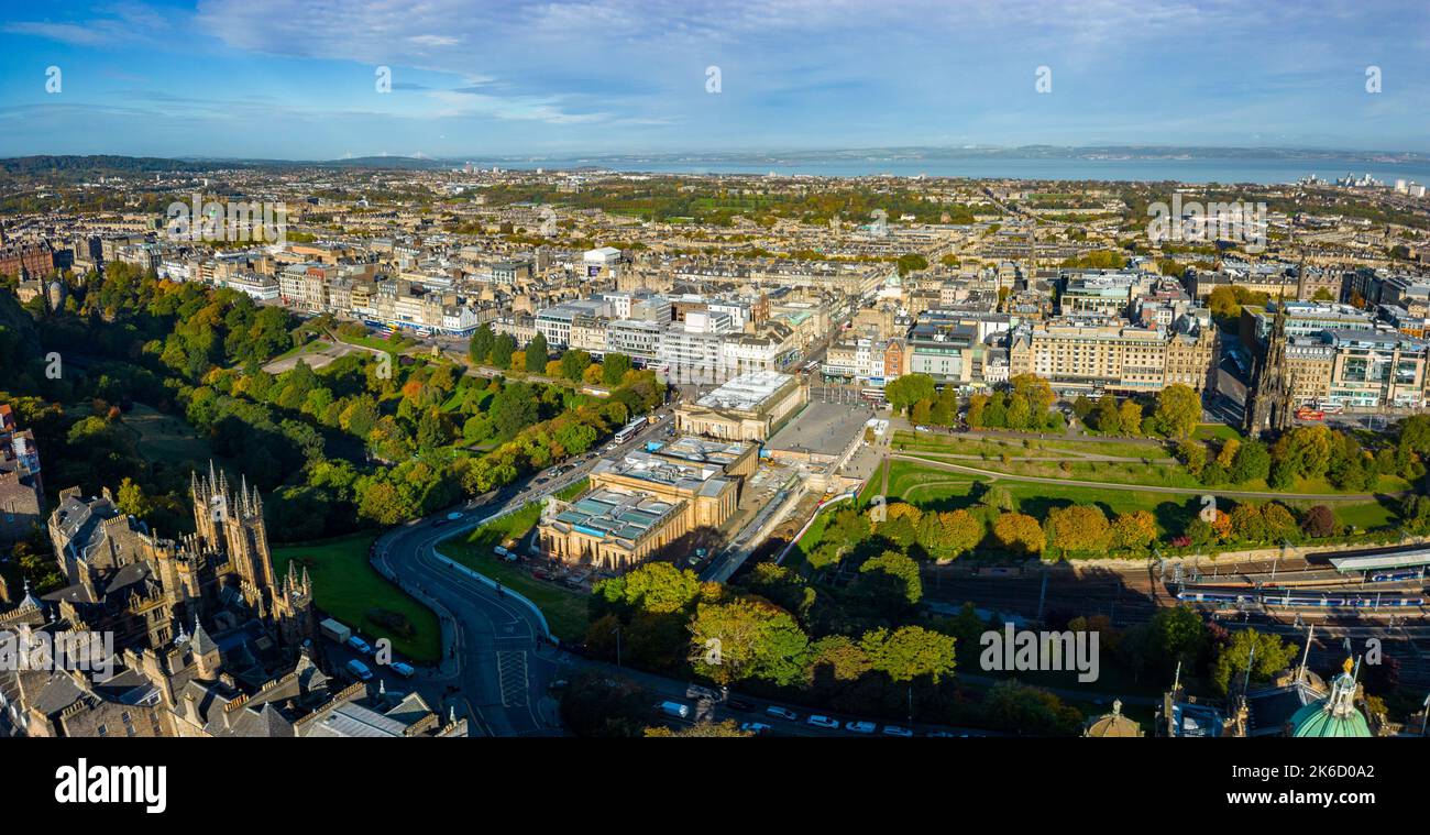Aerial view from drone of skyline of Edinburgh towards Princes Street ...