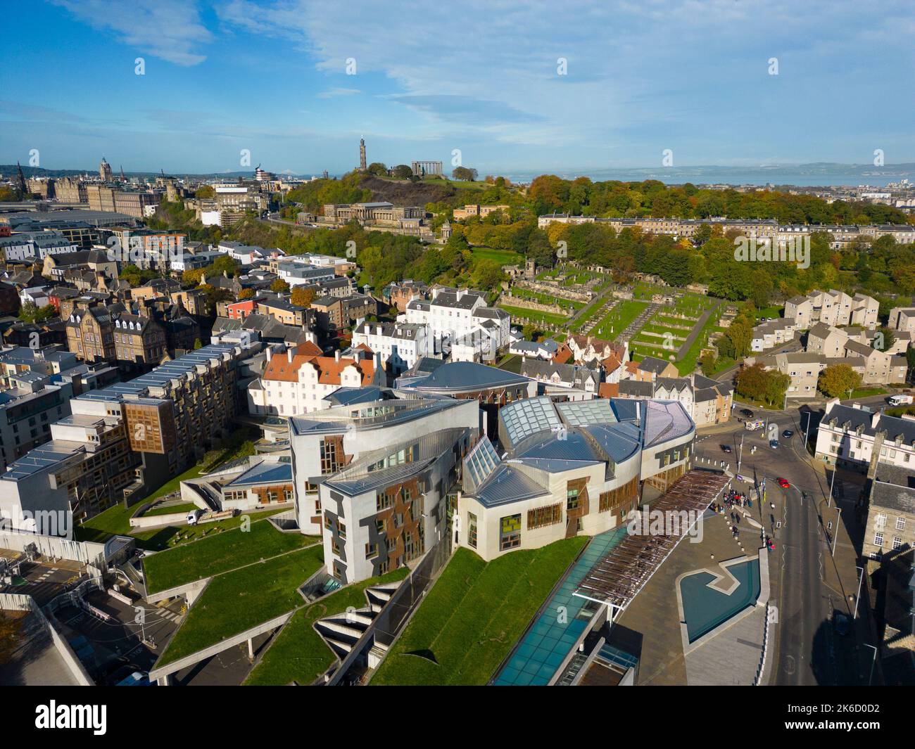Aerial view from drone of The Scottish Parliament buildings at Holyrood ...
