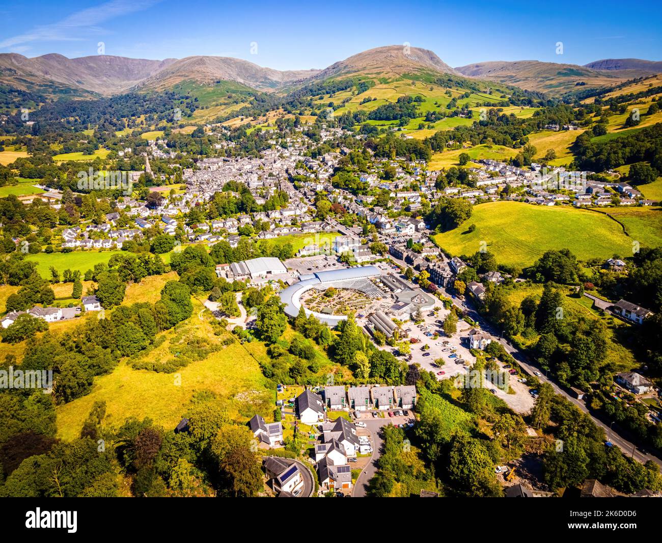 Aerial view of Waterhead and Ambleside in Lake District, a region and ...