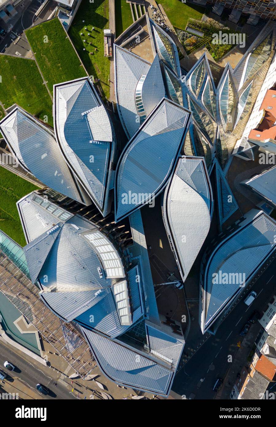 Aerial view from drone of The Scottish Parliament buildings at Holyrood ...