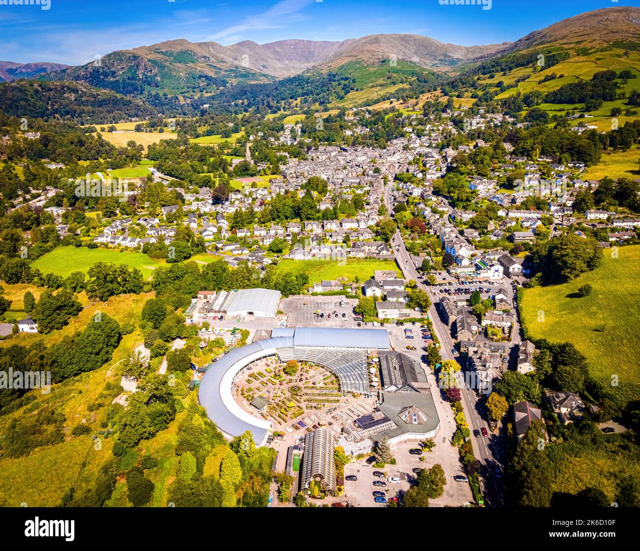 Aerial view of Waterhead and Ambleside in Lake District, a region and ...