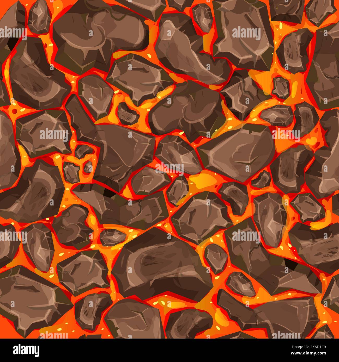 Lava, magma with stones in cartoon style seamless pattern background. Eruption effect, landscape ...