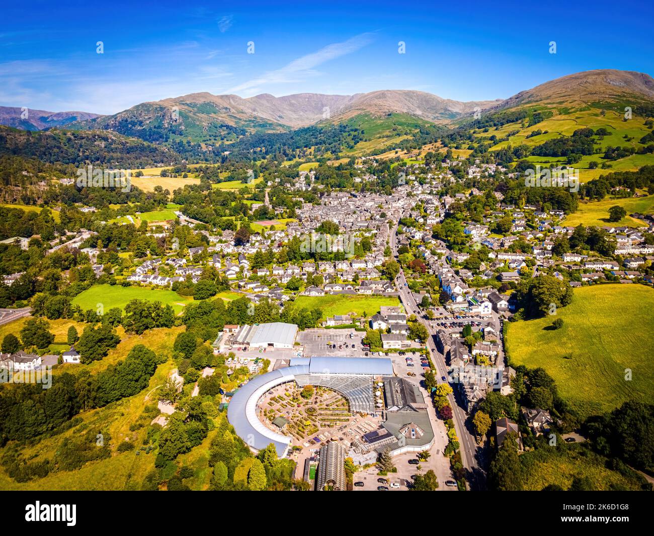 Aerial view of Waterhead and Ambleside in Lake District, a region and ...