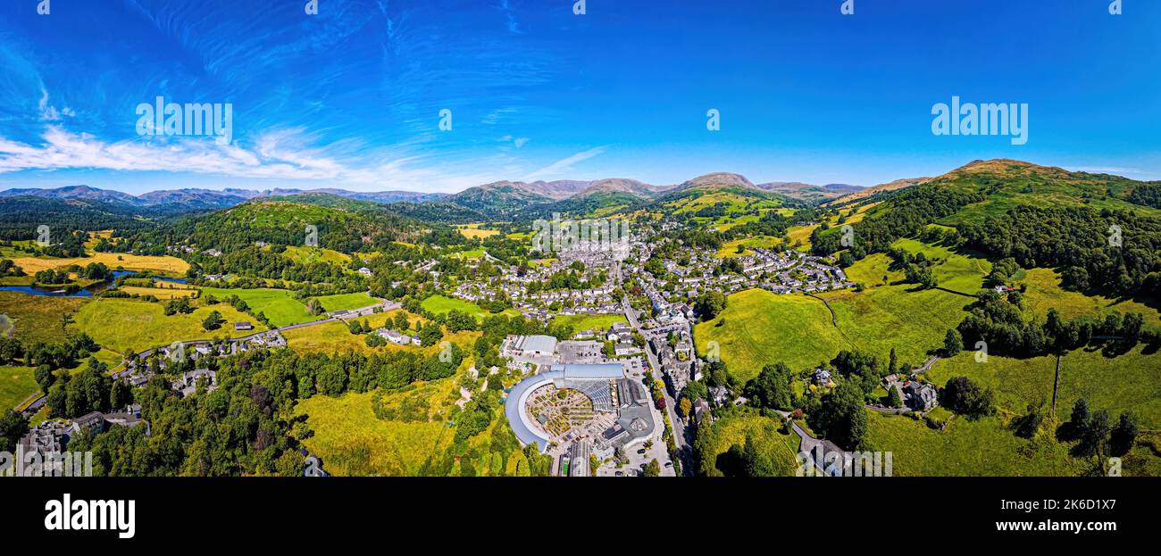 Aerial view of Waterhead and Ambleside in Lake District, a region and ...