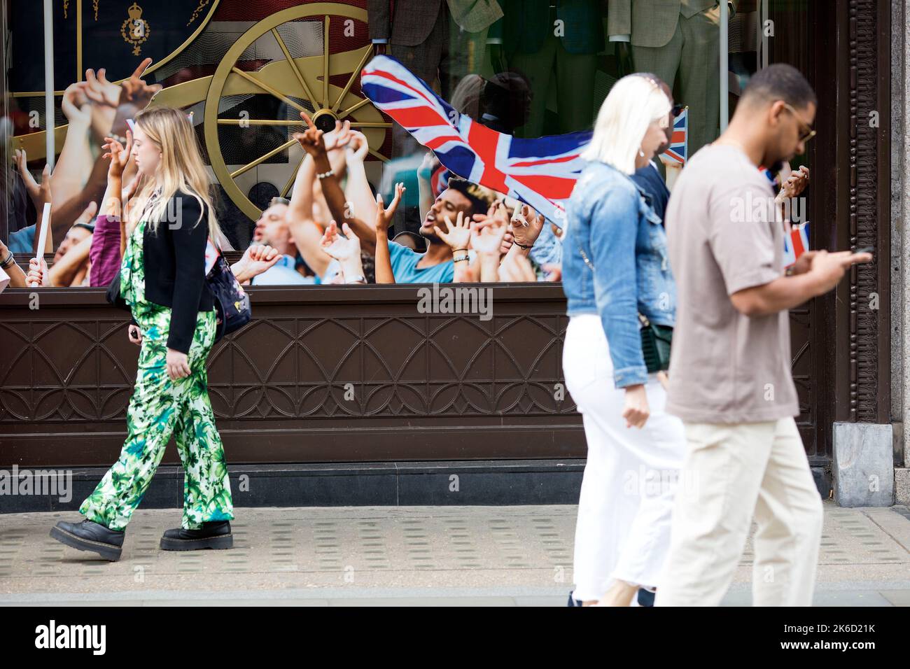 Union flag decorations are seen in Regent Street in central London ...