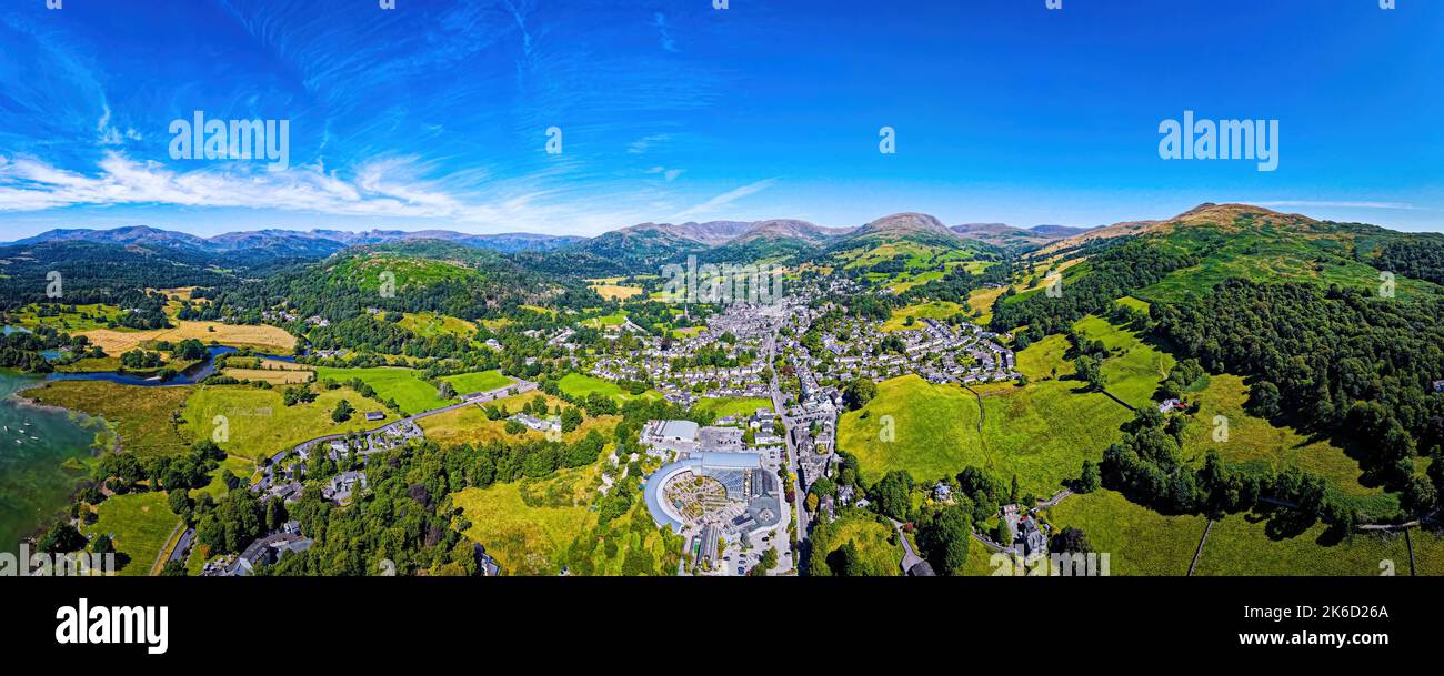 Aerial view of Waterhead and Ambleside in Lake District, a region and ...