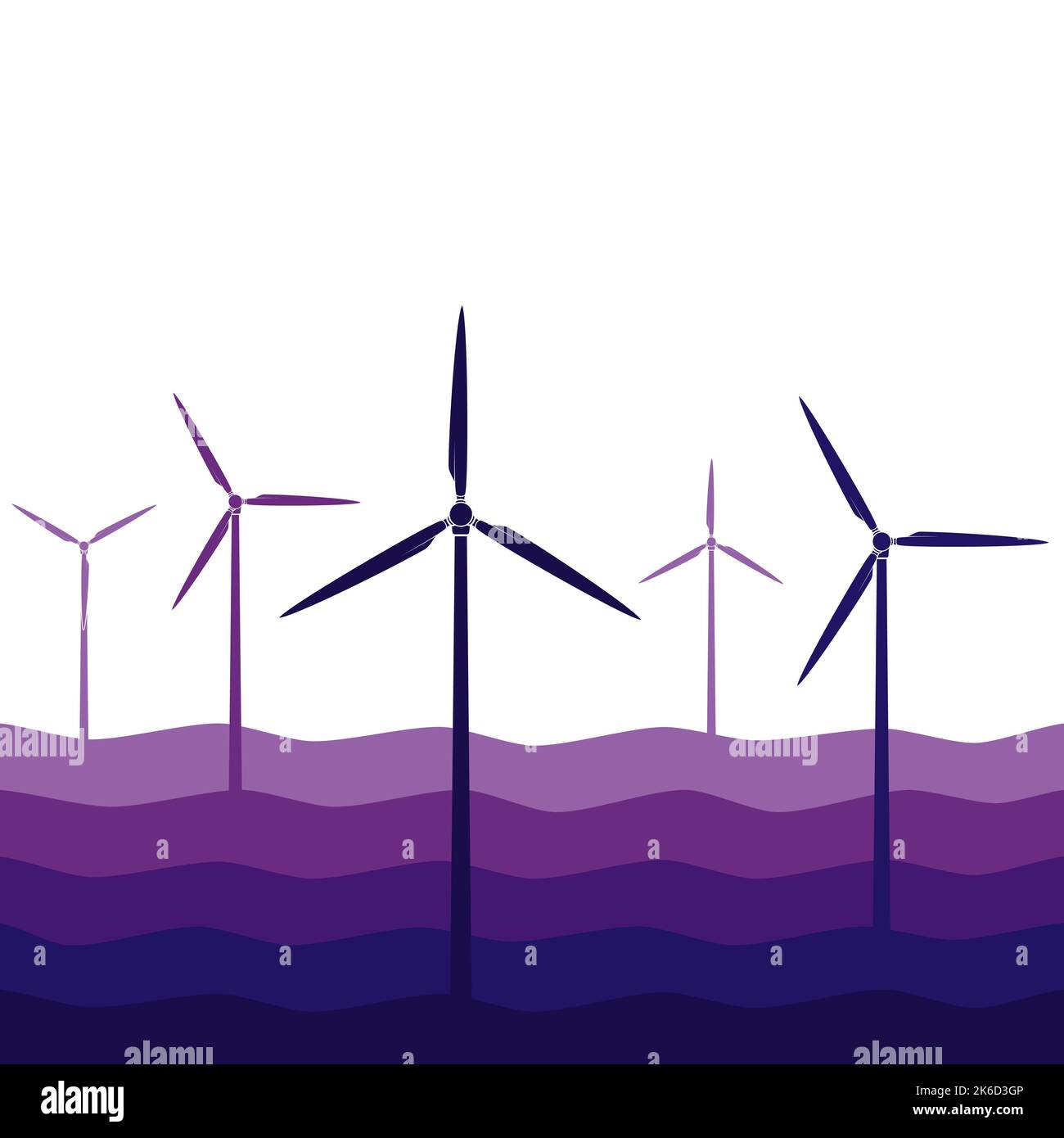 Horizontal seamless pattern with waves and windmills, wind turbines. Vector colored background ...