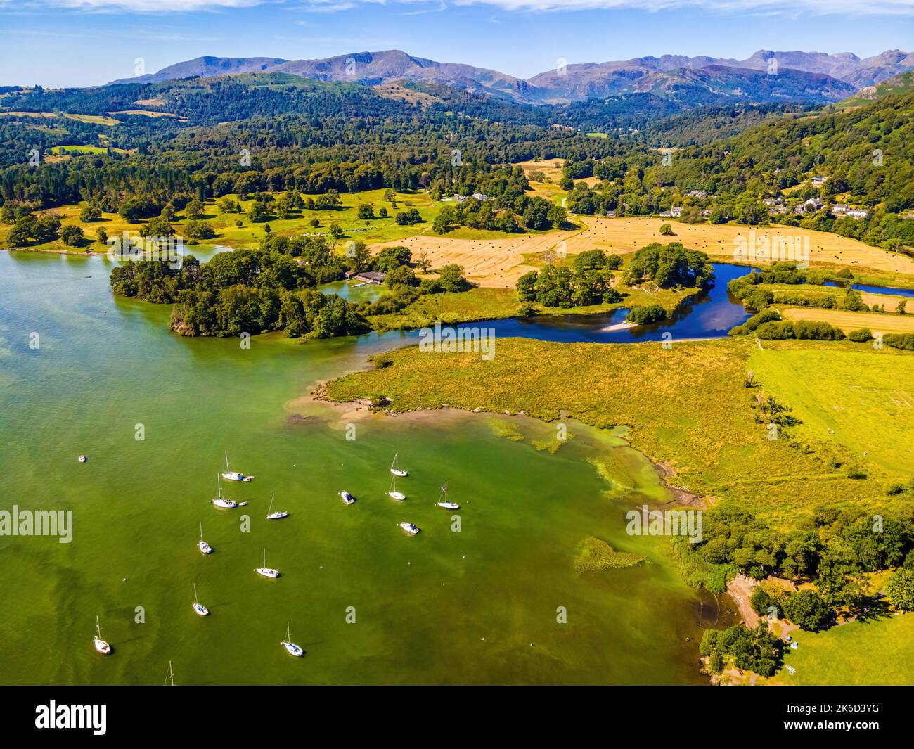 Aerial view of Waterhead and Ambleside in Lake District, a region and ...