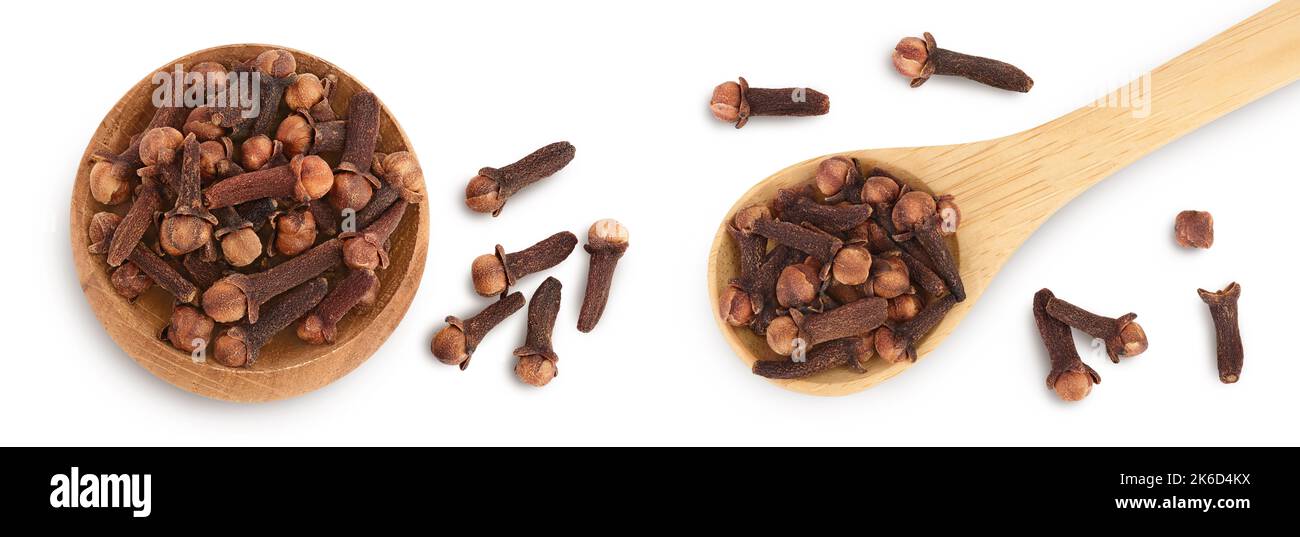 Dry spice cloves in wooden bowl isolated on white background. Top view ...