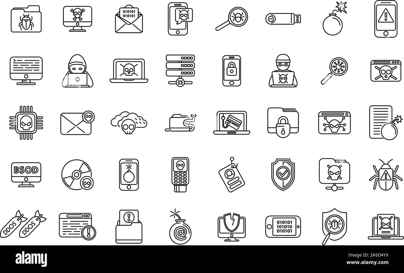 Malware icons set outline vector. Cyber attack. Risk secure Stock ...