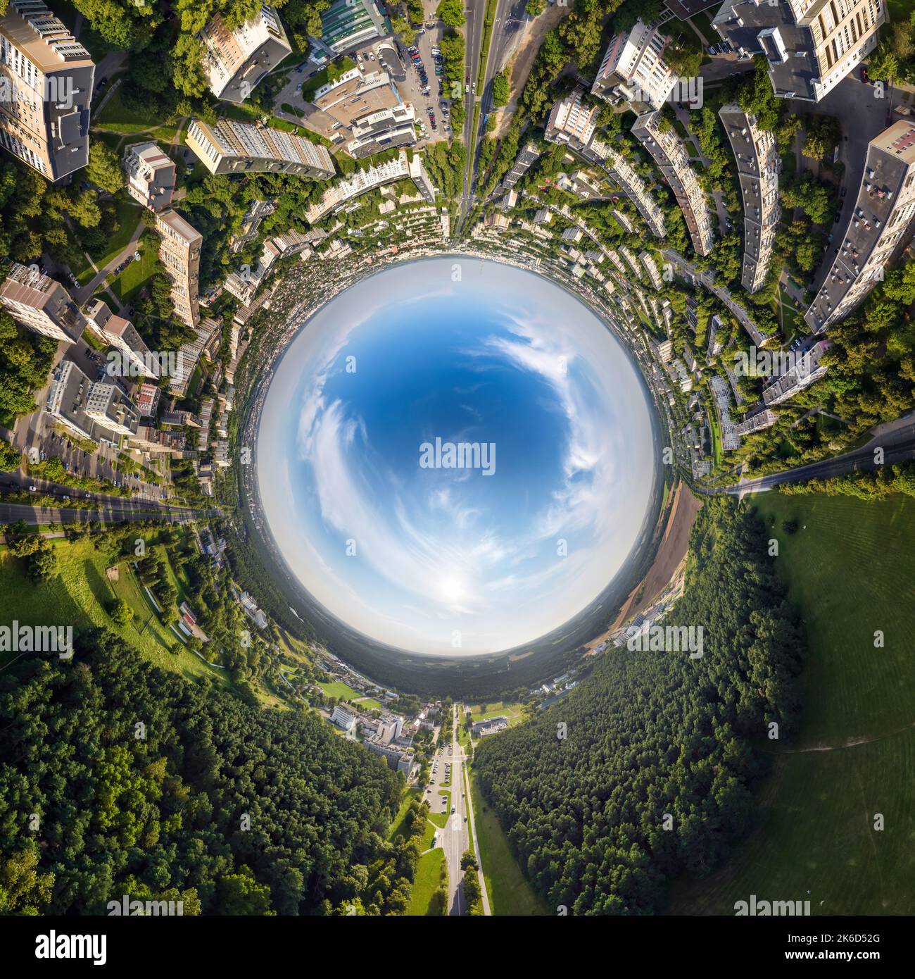 blue sphere inside overlooking old town, urban development, historic ...