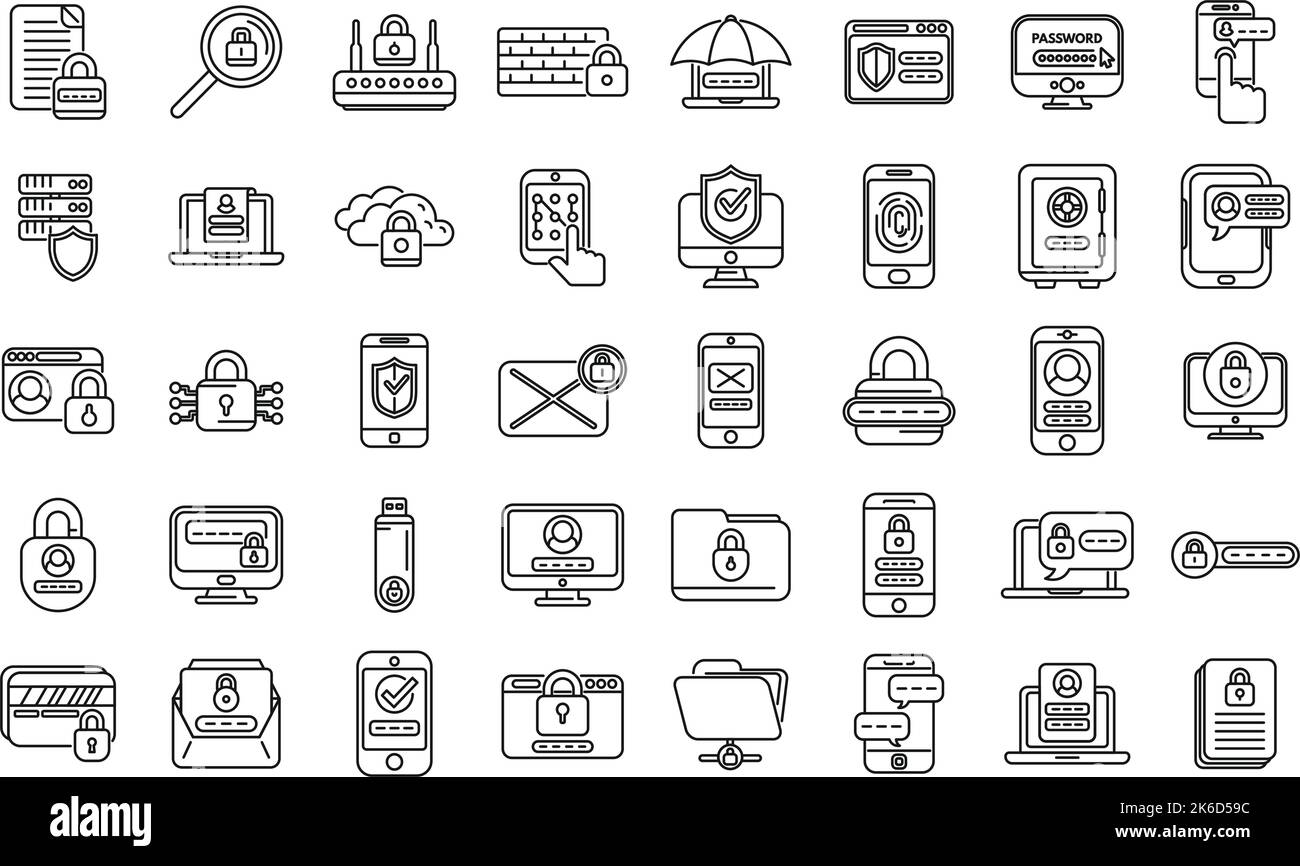 Password protection icons set outline vector. Safety shield. Lock id ...