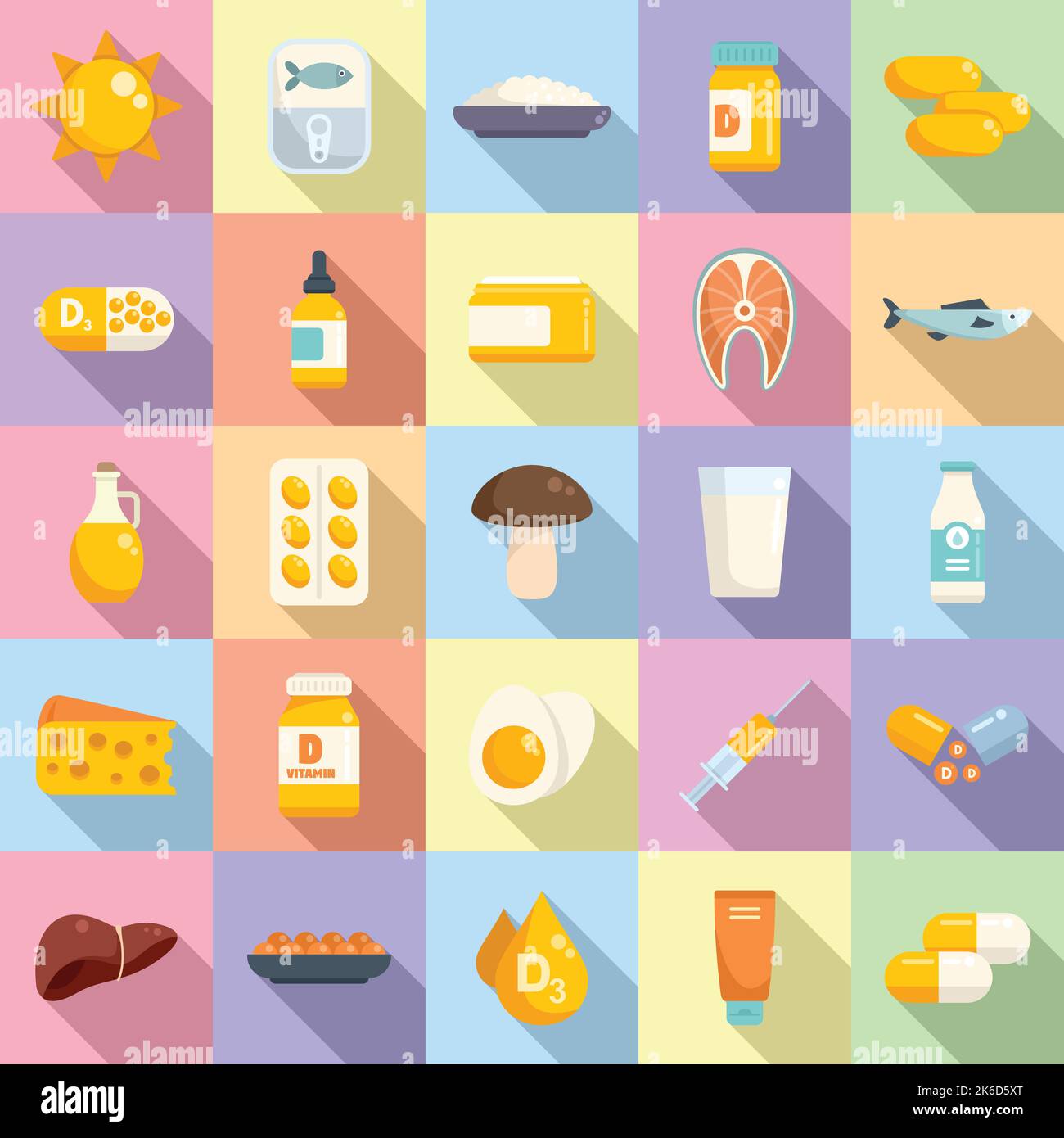 Vitamin D icons set flat vector. Medical supplement. Omega health Stock ...