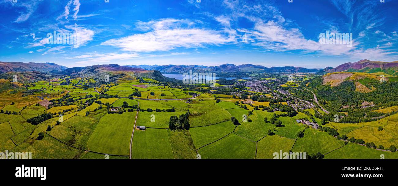 Aerial view of hills around Keswick in Lake District, a region and ...