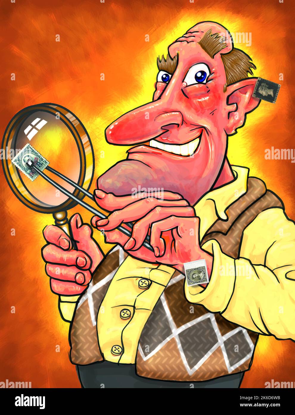 Concept art of man examining a postage stamp with a magnifying glass ...