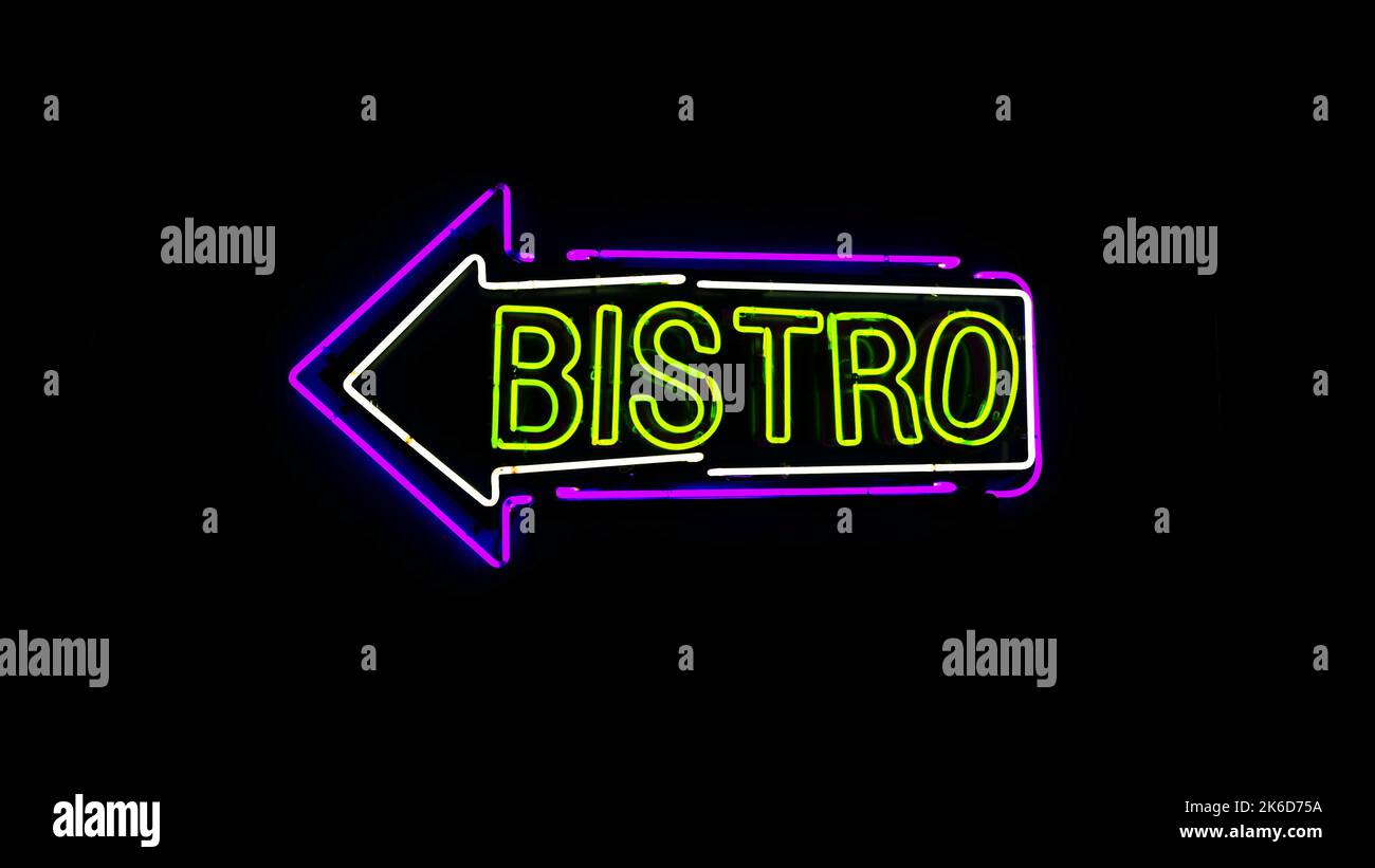 Bistro neon sign in night and black background Stock Photo - Alamy