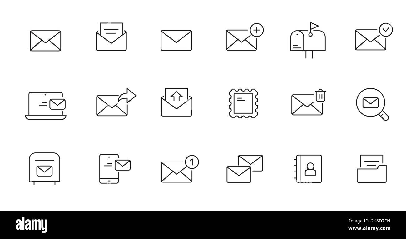 Email line icon set. Letter send, mail contact, message secure editable ...