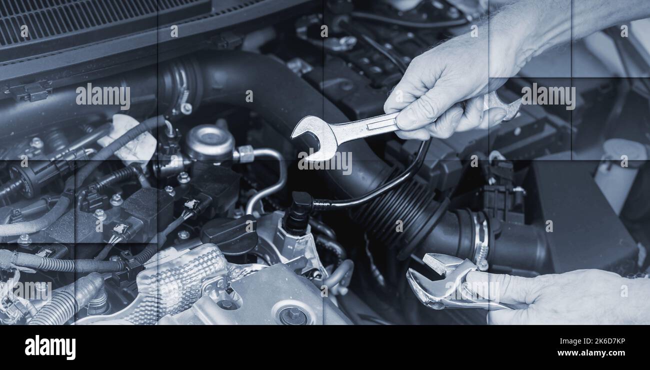 Hands of car mechanic repairing a car engine, geometric pattern Stock ...