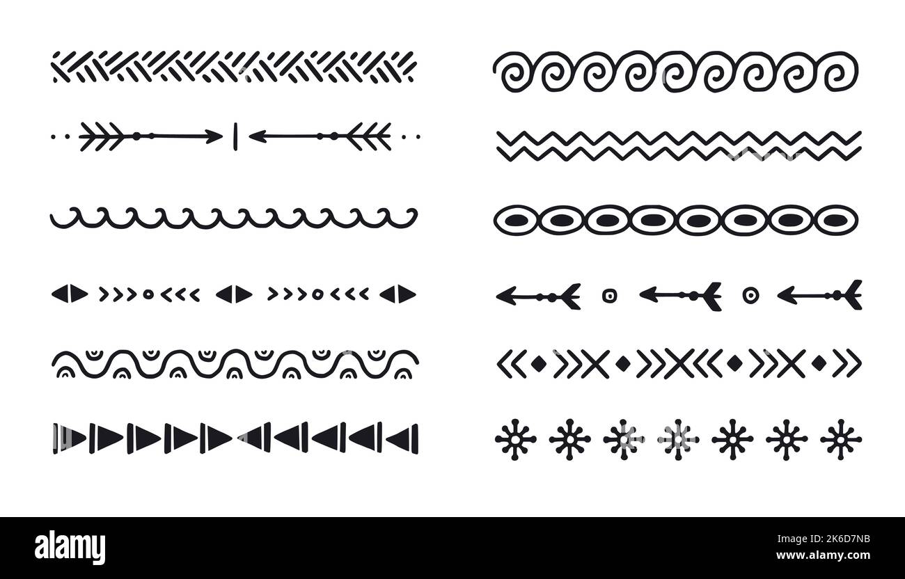 Hand drawn folk motif border, ethnic pattern set. Peru, mexican, aztec ...