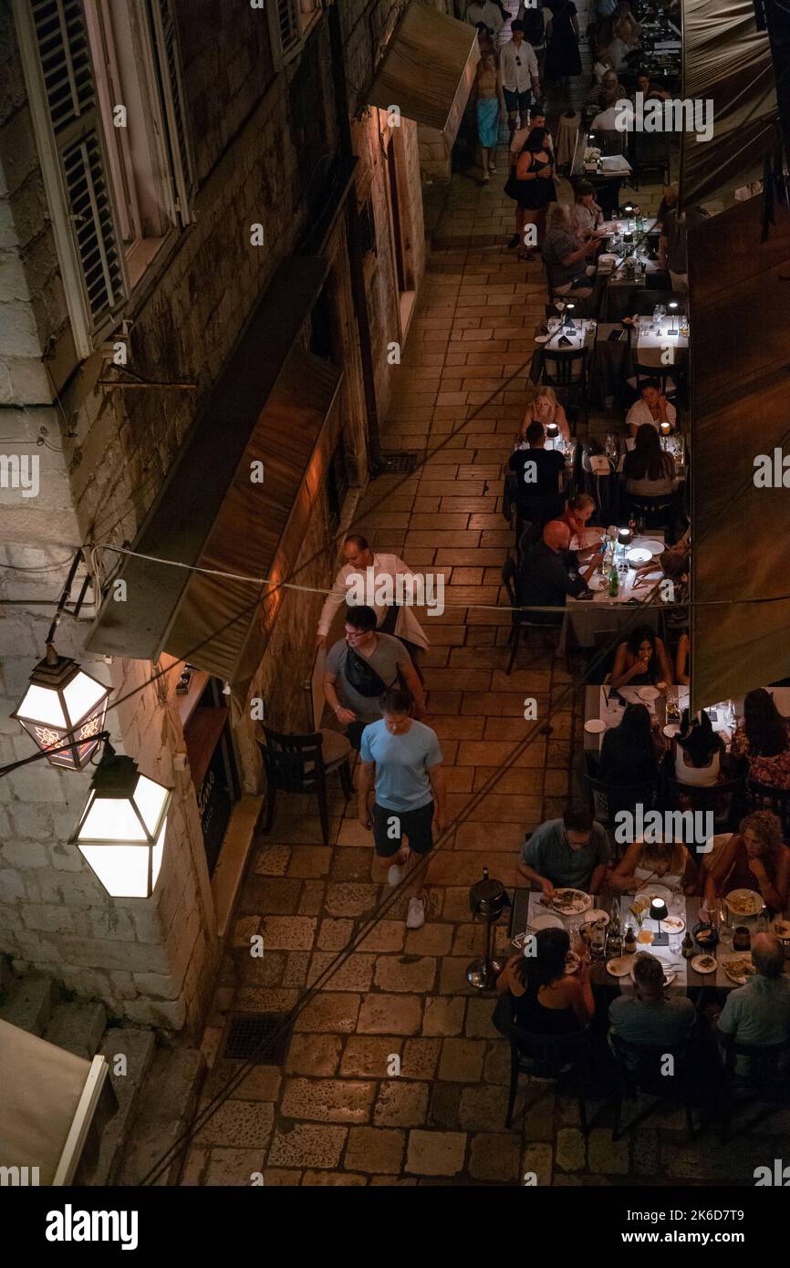 A street scene in Dubrovnik Croatia photographed at night from aboveof ...