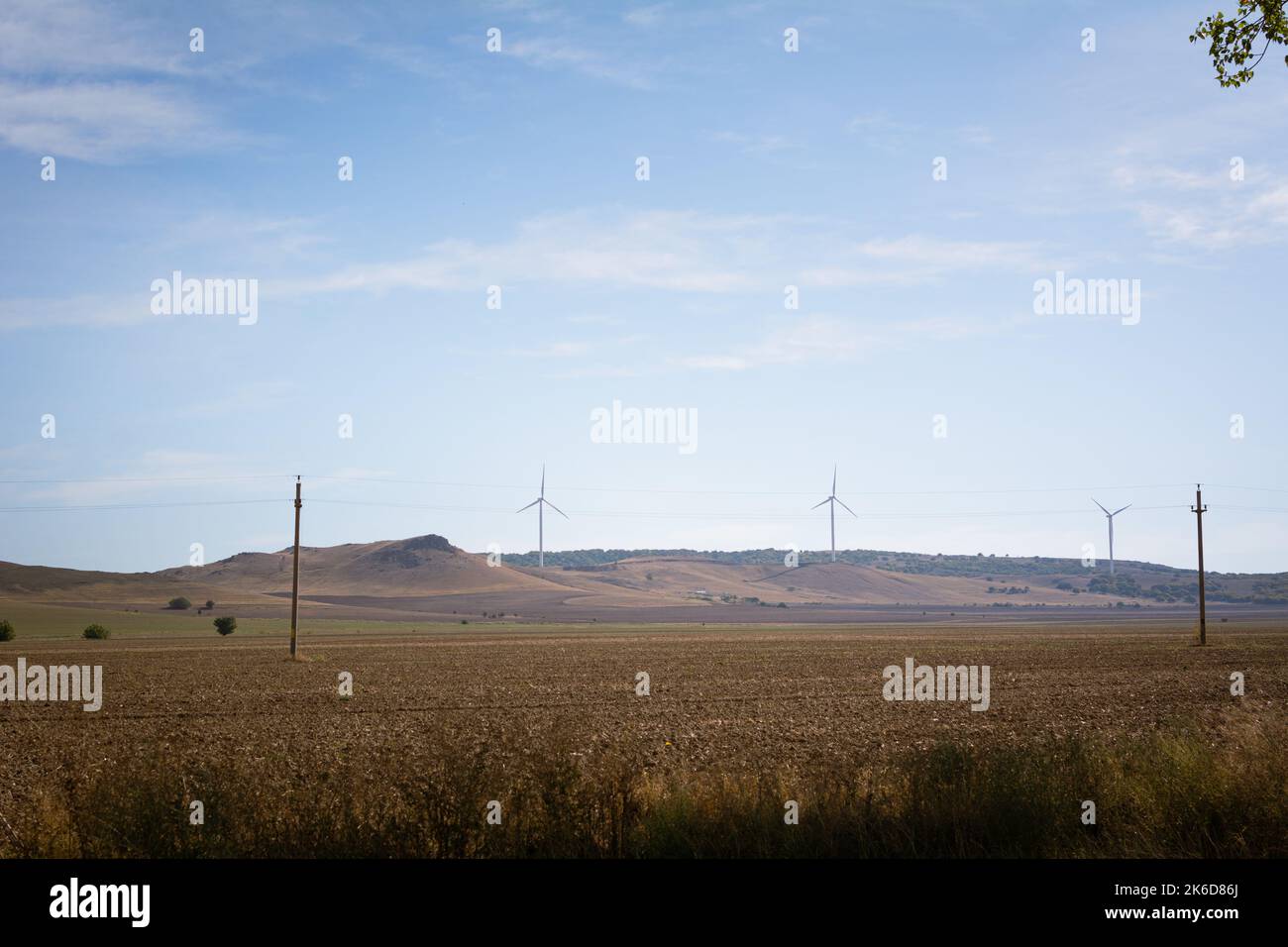 Wind turbines on the hill. Beautiful mountain landscape with wind ...