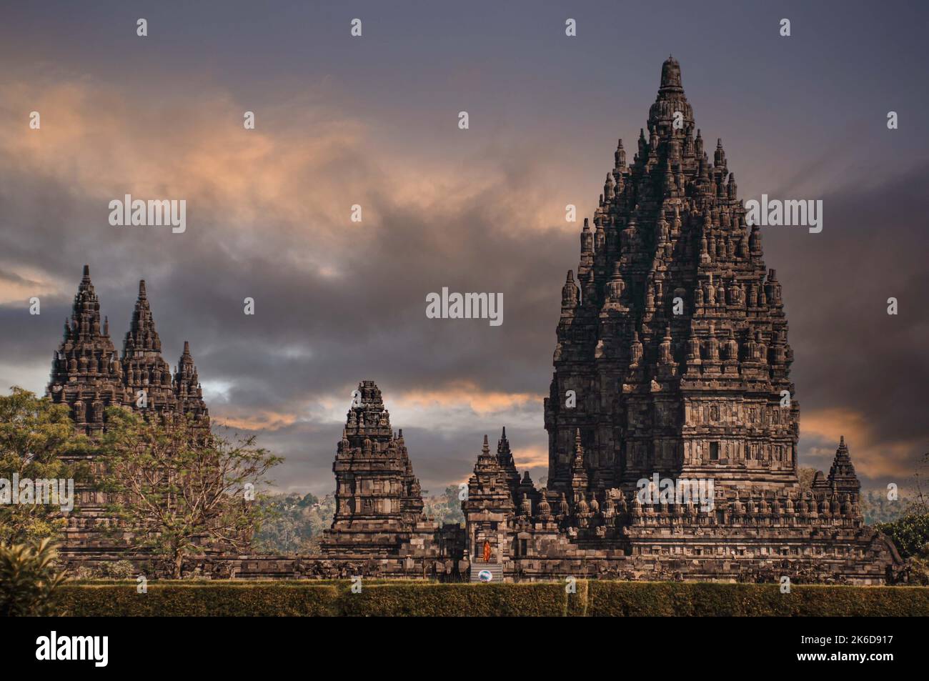 A scenic shot of the Prambanan temple at sunset in Indonesia Stock ...