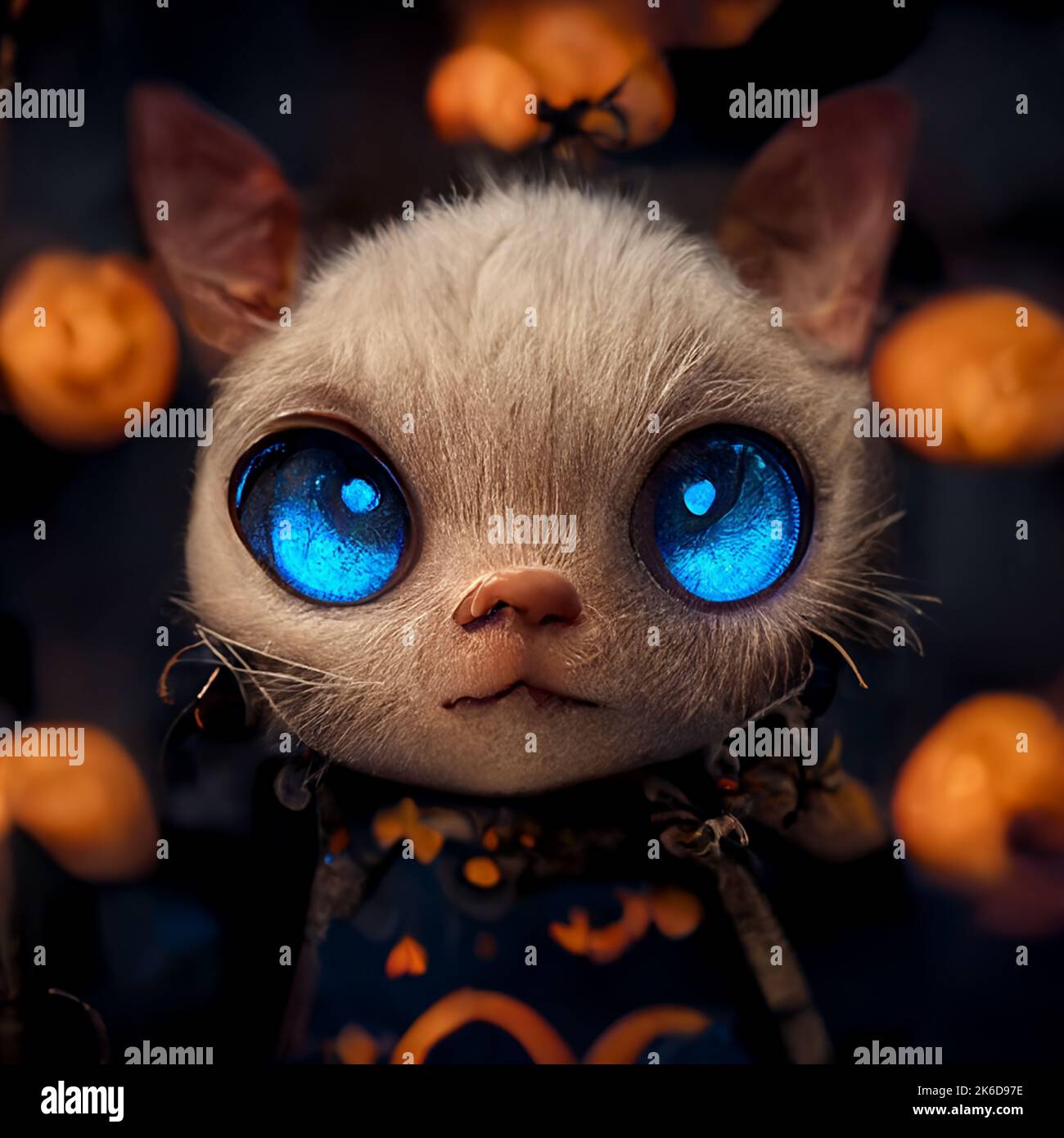 A 3d render design of a mythical cat with huge blue eyes against blur ...