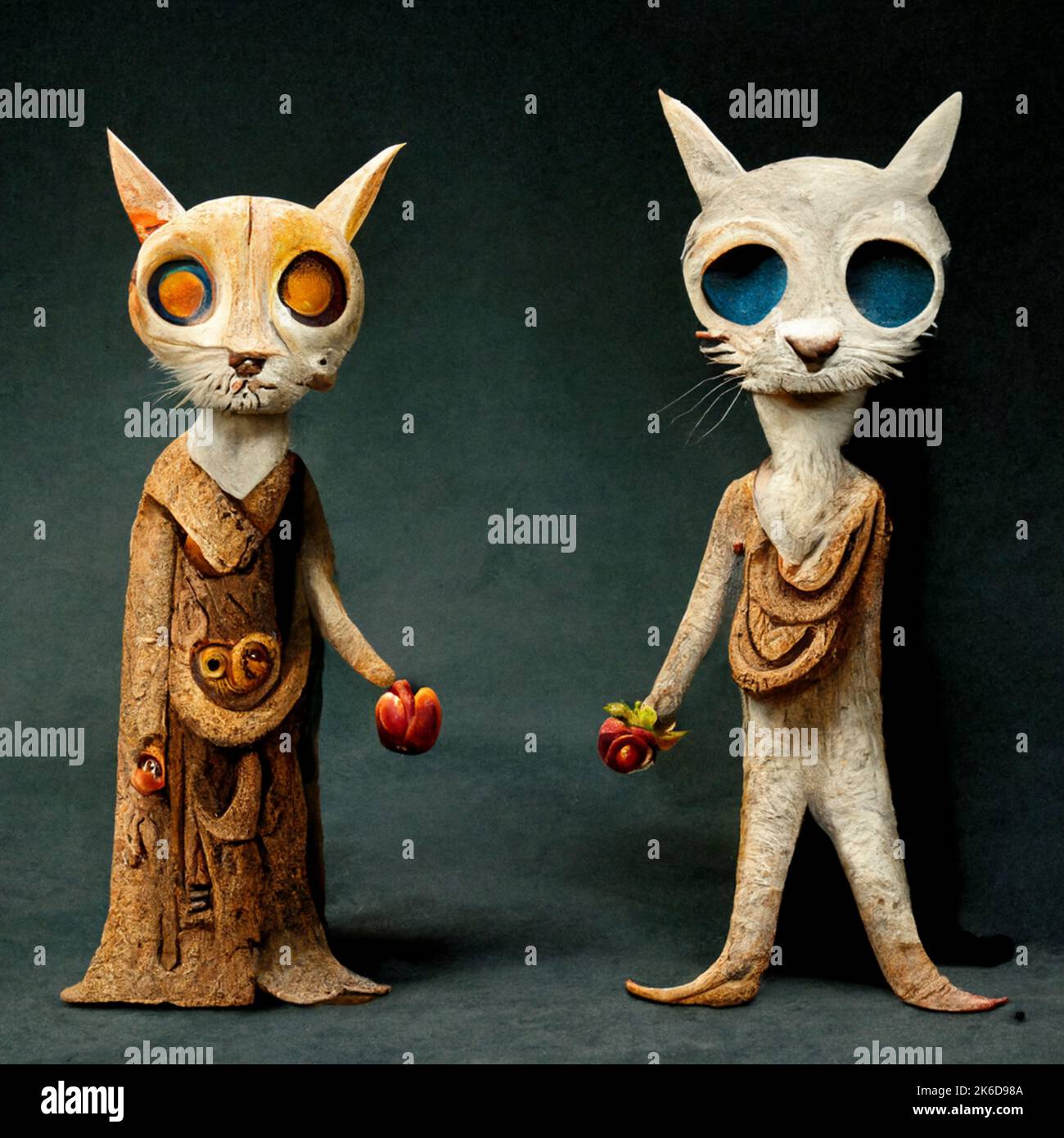 A closeup of two cat figurines with huge eyes against gray background ...