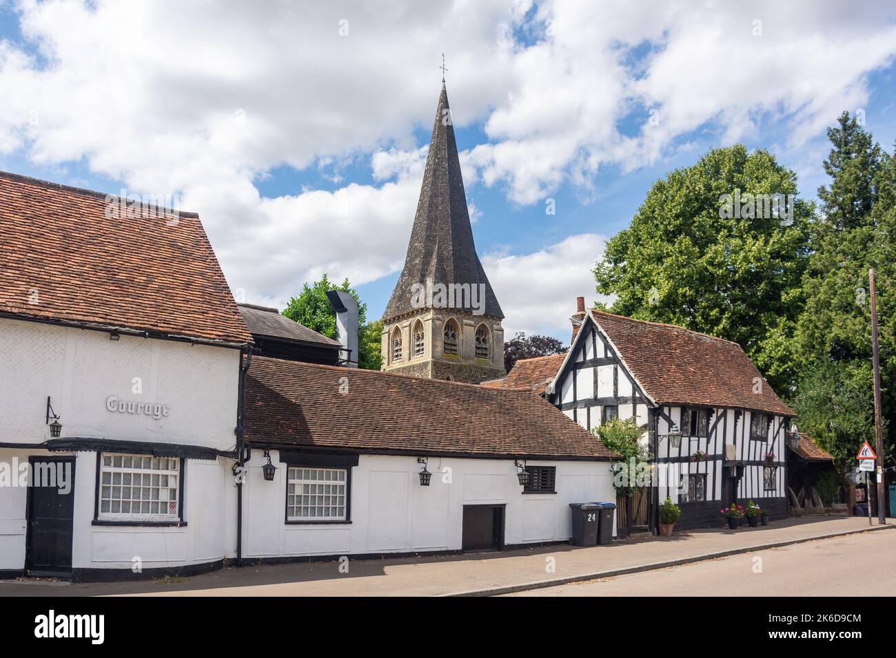 16th century The Queen's Head Pub and St Mary's Parish Church spire ...