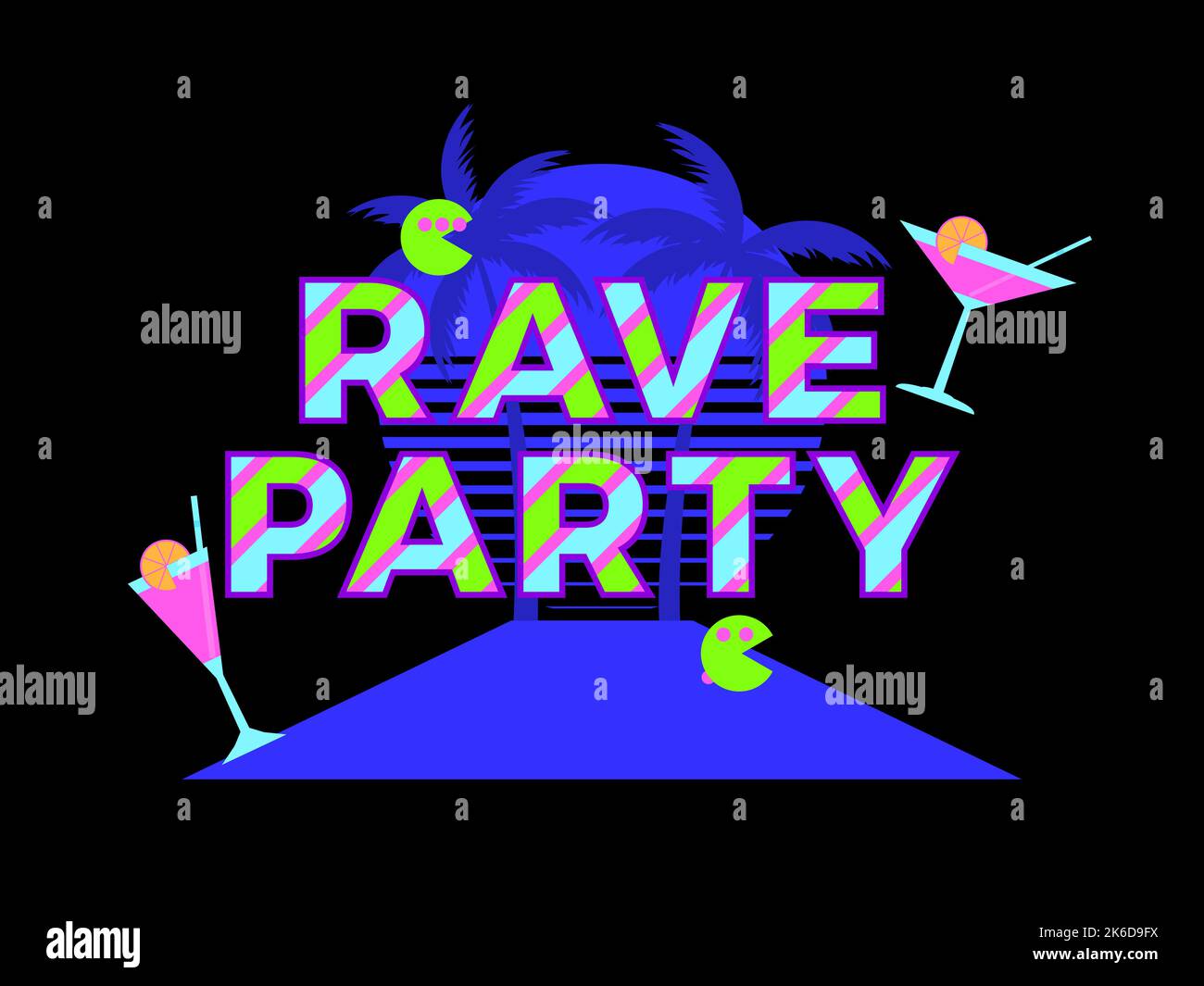 Rave party banner with cocktails, palm trees and sun in 80s style ...