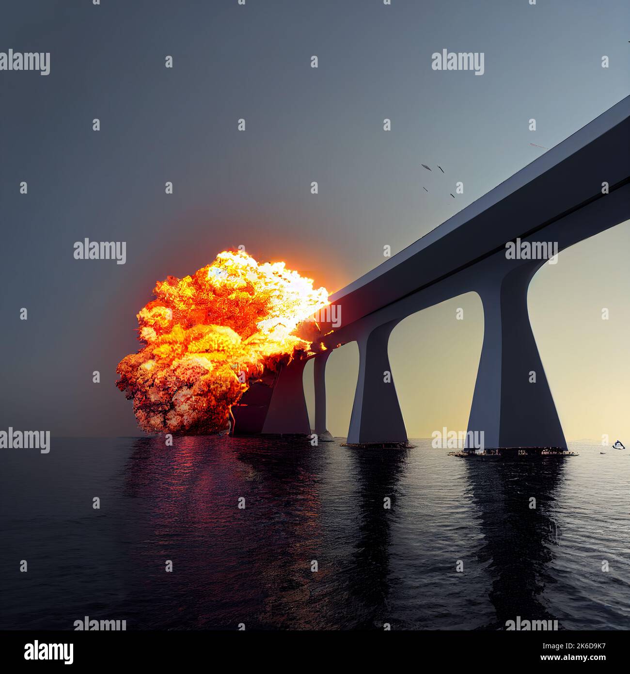 A realistic artwork of Nuclear explosion on a bridge over a river Stock ...