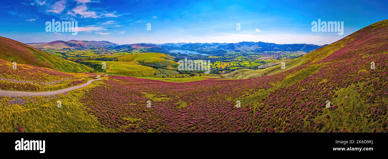 Aerial view of hills around Keswick in Lake District, a region and ...