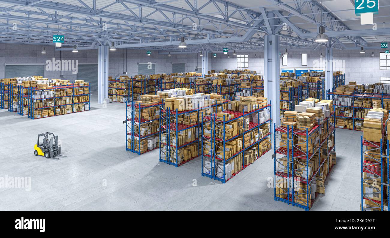 inside a large warehouse full of goods. 3d render Stock Photo - Alamy