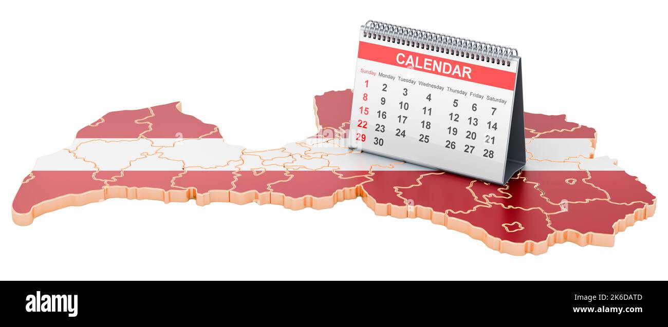 Desk calendar on the map of Latvia. 3D rendering isolated on white ...