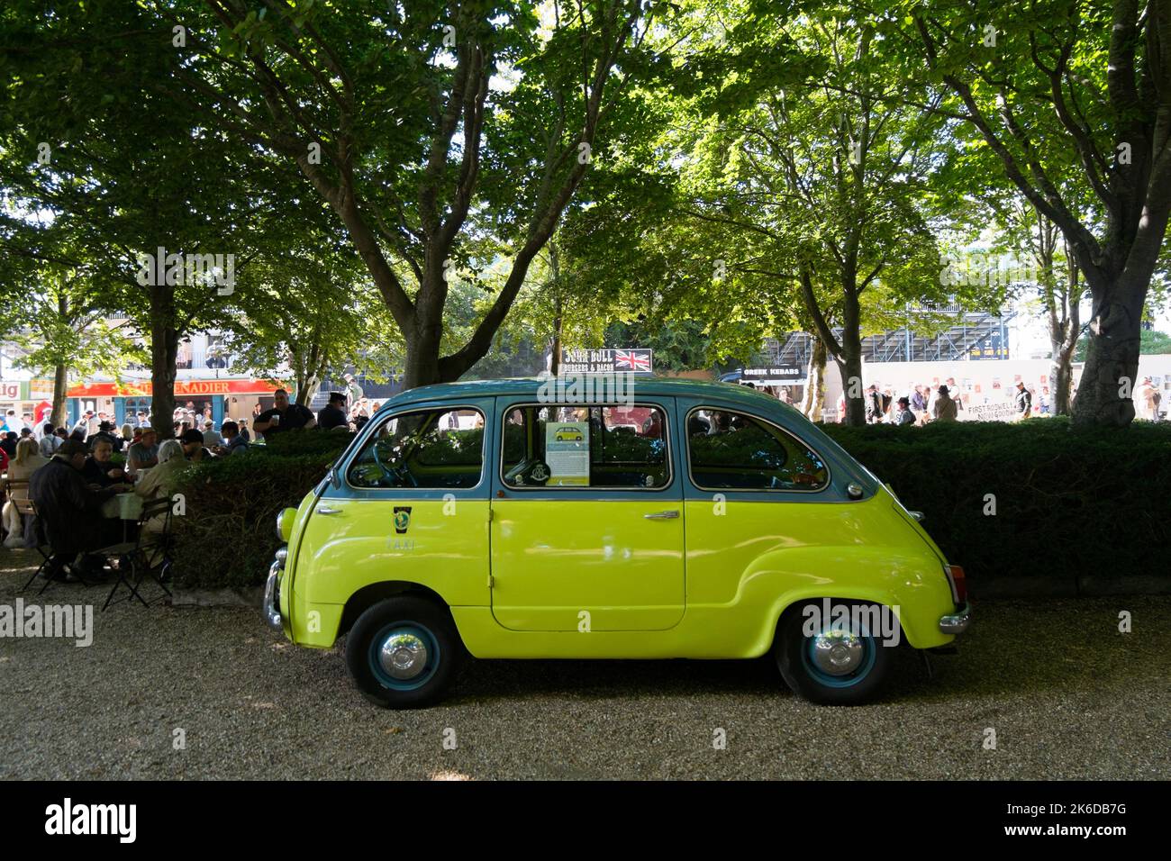 A yellow and blue 1950s Fiat Multipla parked under the trees, BARC ...