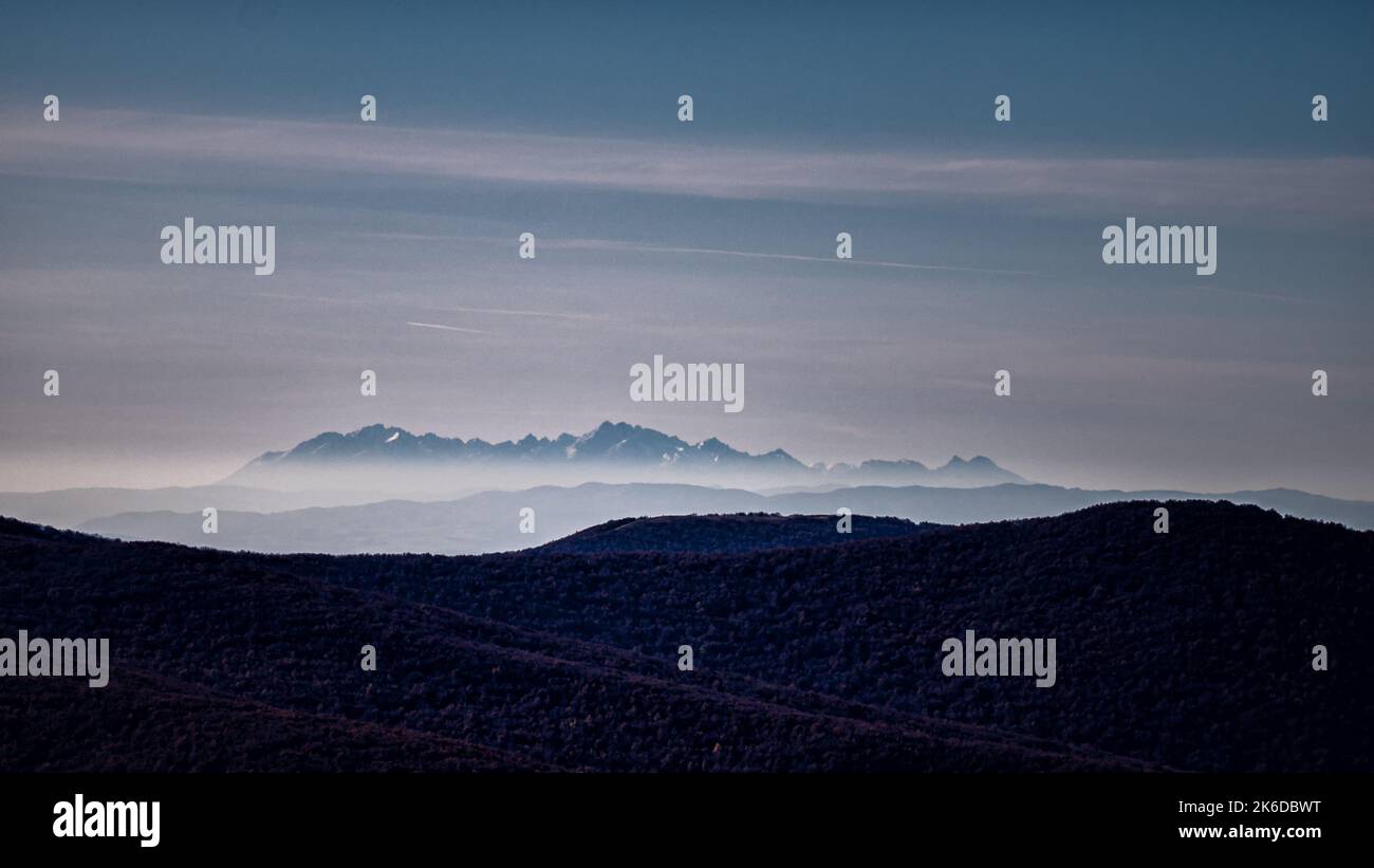 The Tatra Mountains seen from the Bieszczady Mountains. The temperature ...