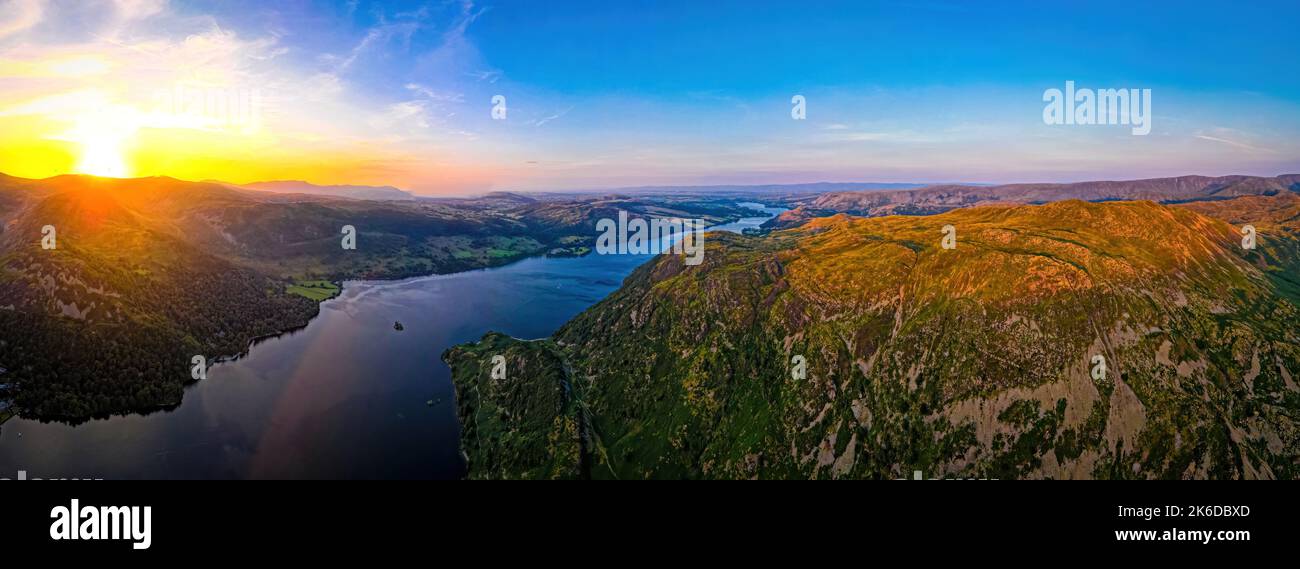 Aerial view of sunset over Ullswater lake in Lake District, a region ...