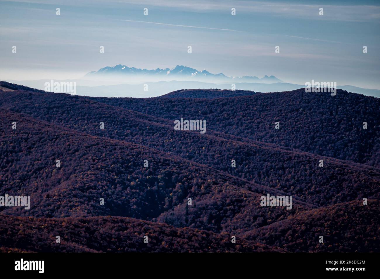 The Tatra Mountains seen from the Bieszczady Mountains. The temperature ...