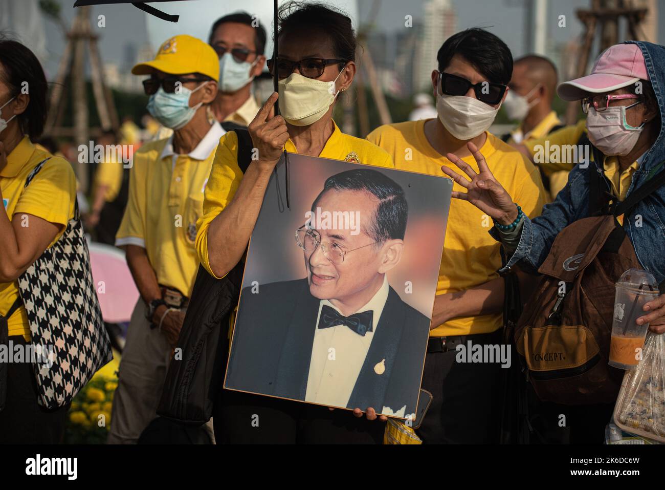 Thai royalist supporter holds the portrait of the late Thai King ...