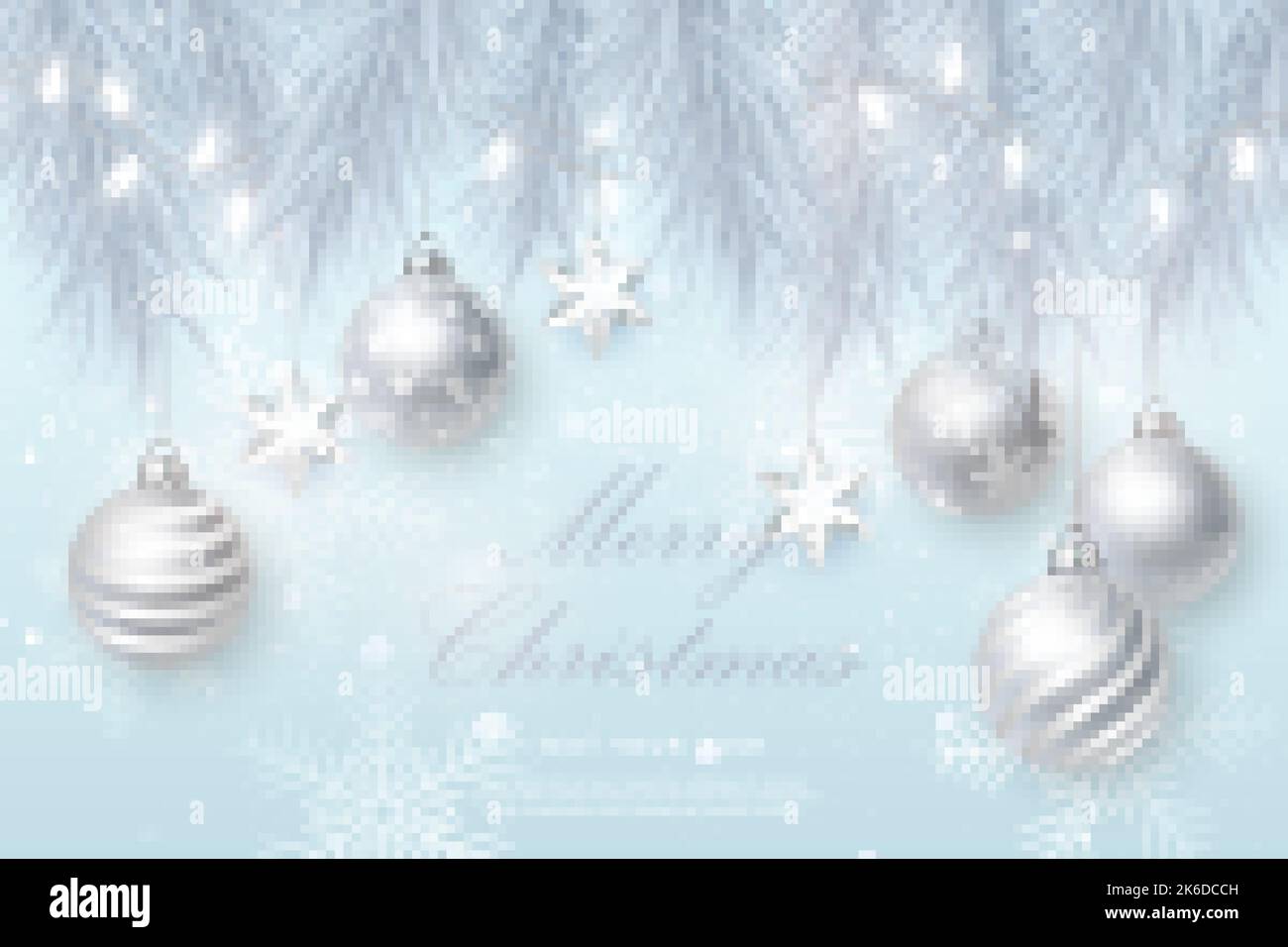 Merry Christmas composition 3D realistic pine fir tree branches silver ...