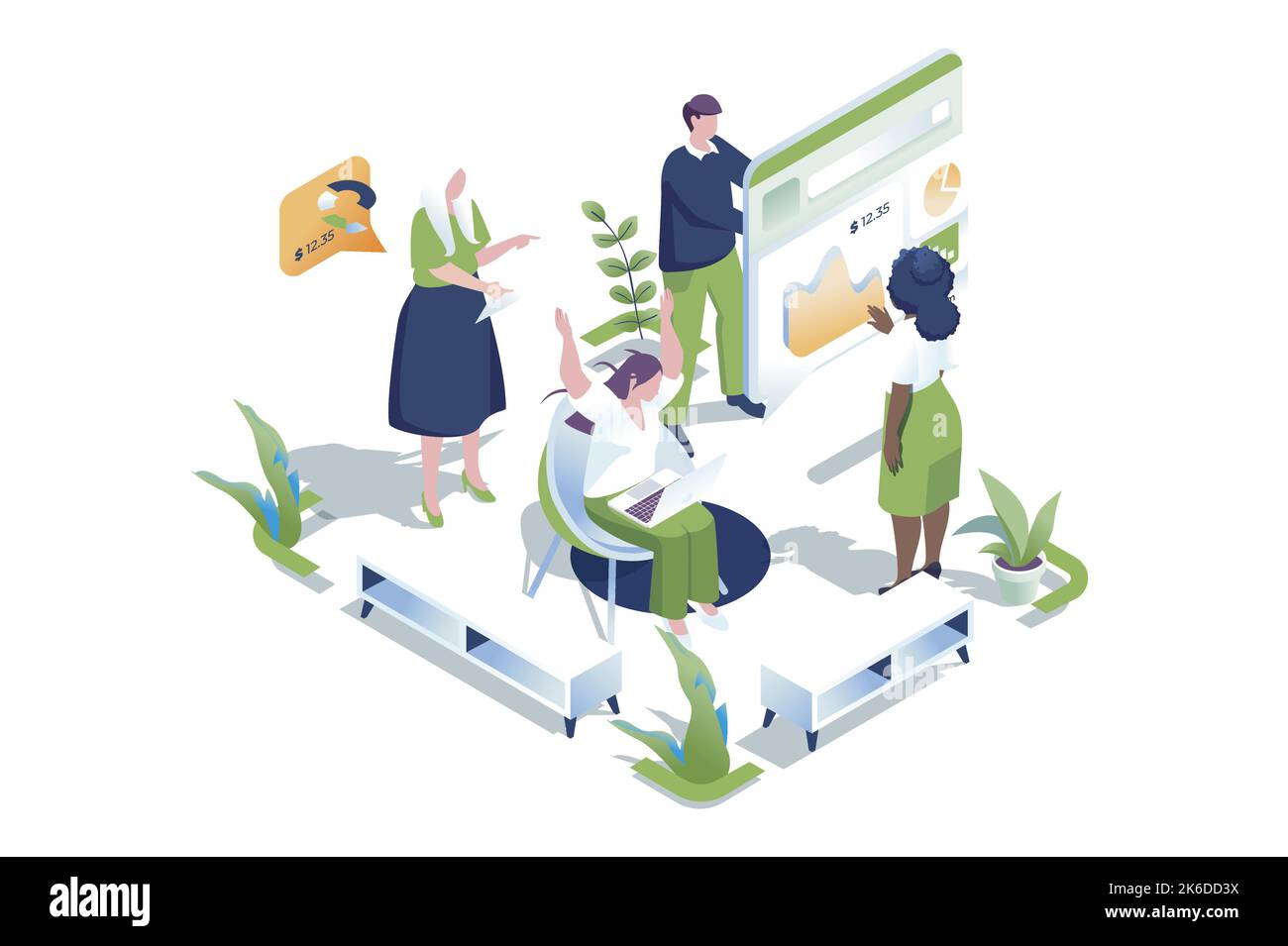 Focus group web concept in 3d isometric design. People doing consumer research, analyze data at ...