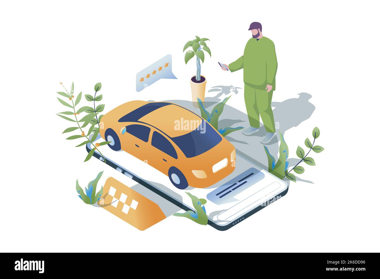 Taxi booking web concept in 3d isometric design. People using taxi application for online rental ...