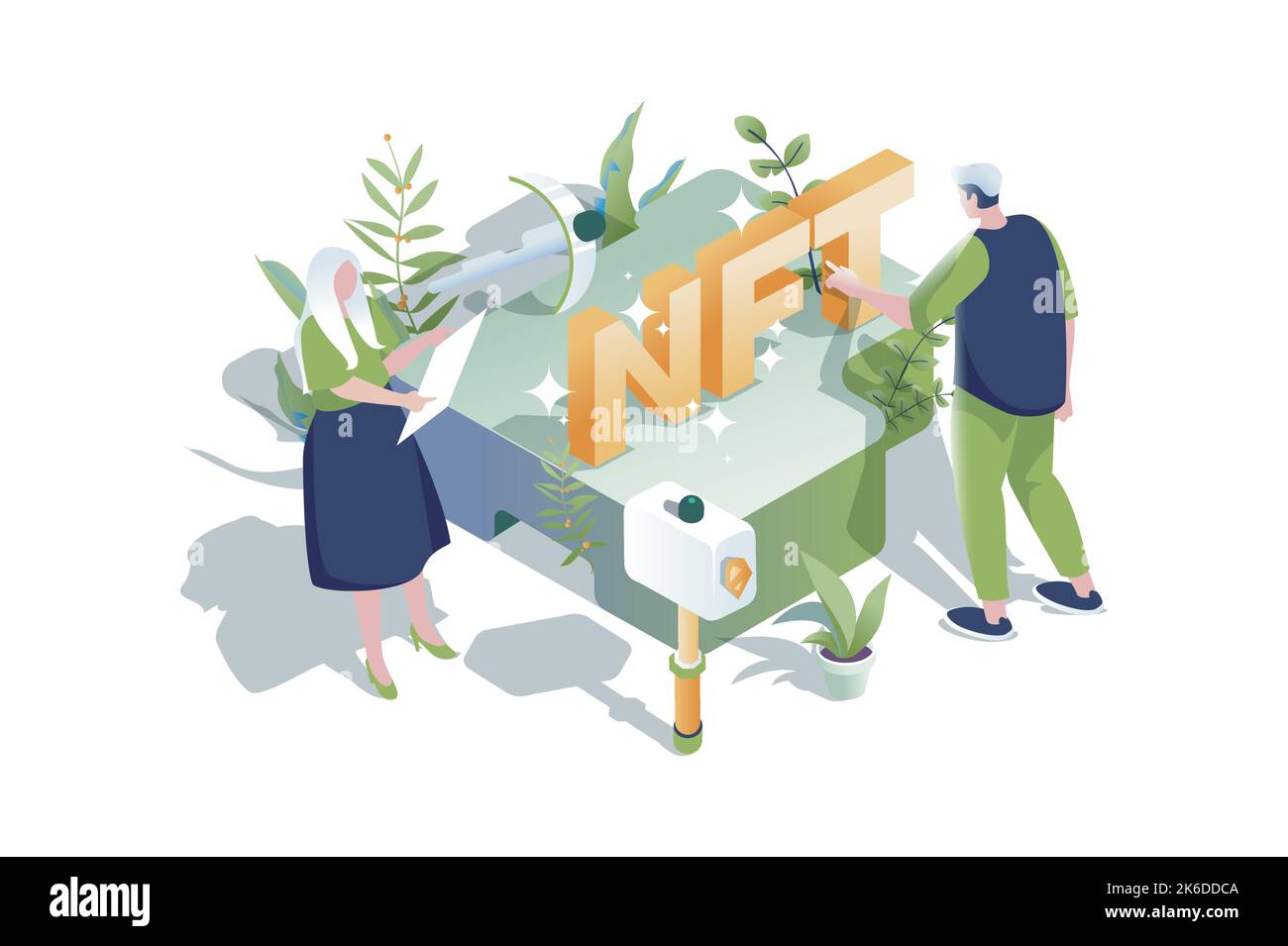 NFT technology web concept in 3d isometric design. People create ...