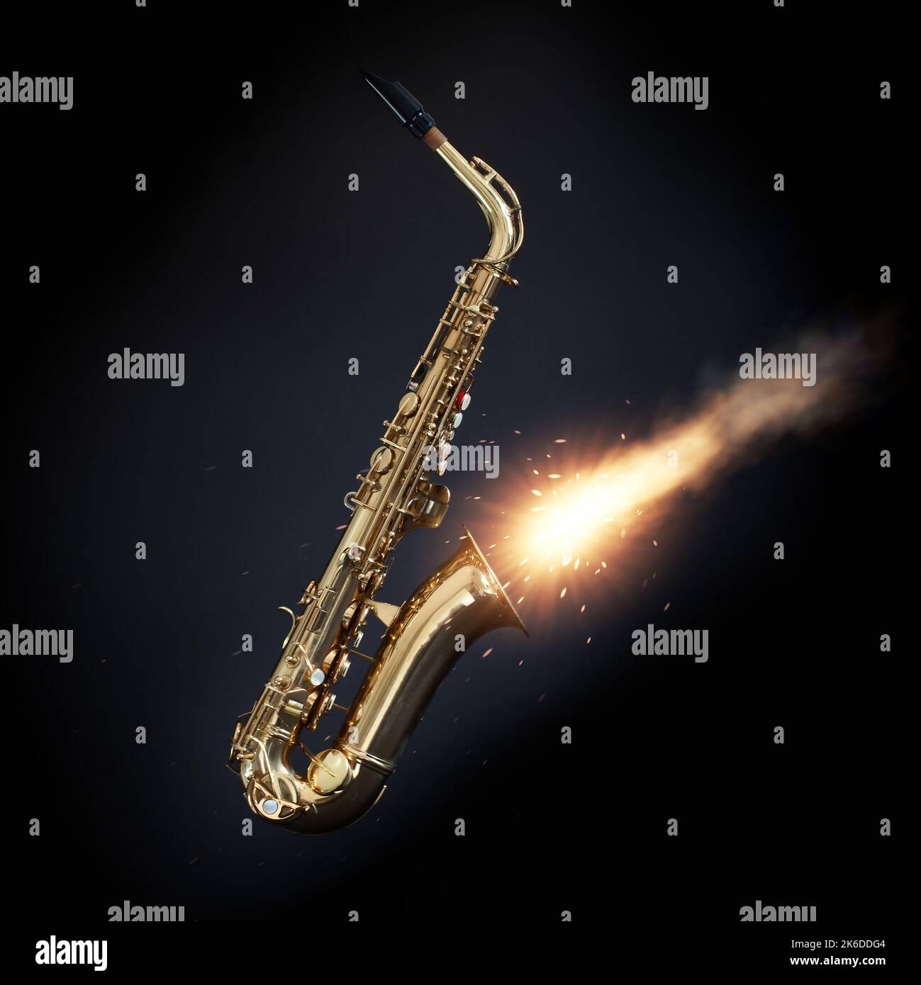 Saxophone on black background with fire and sparks blasting from the ...