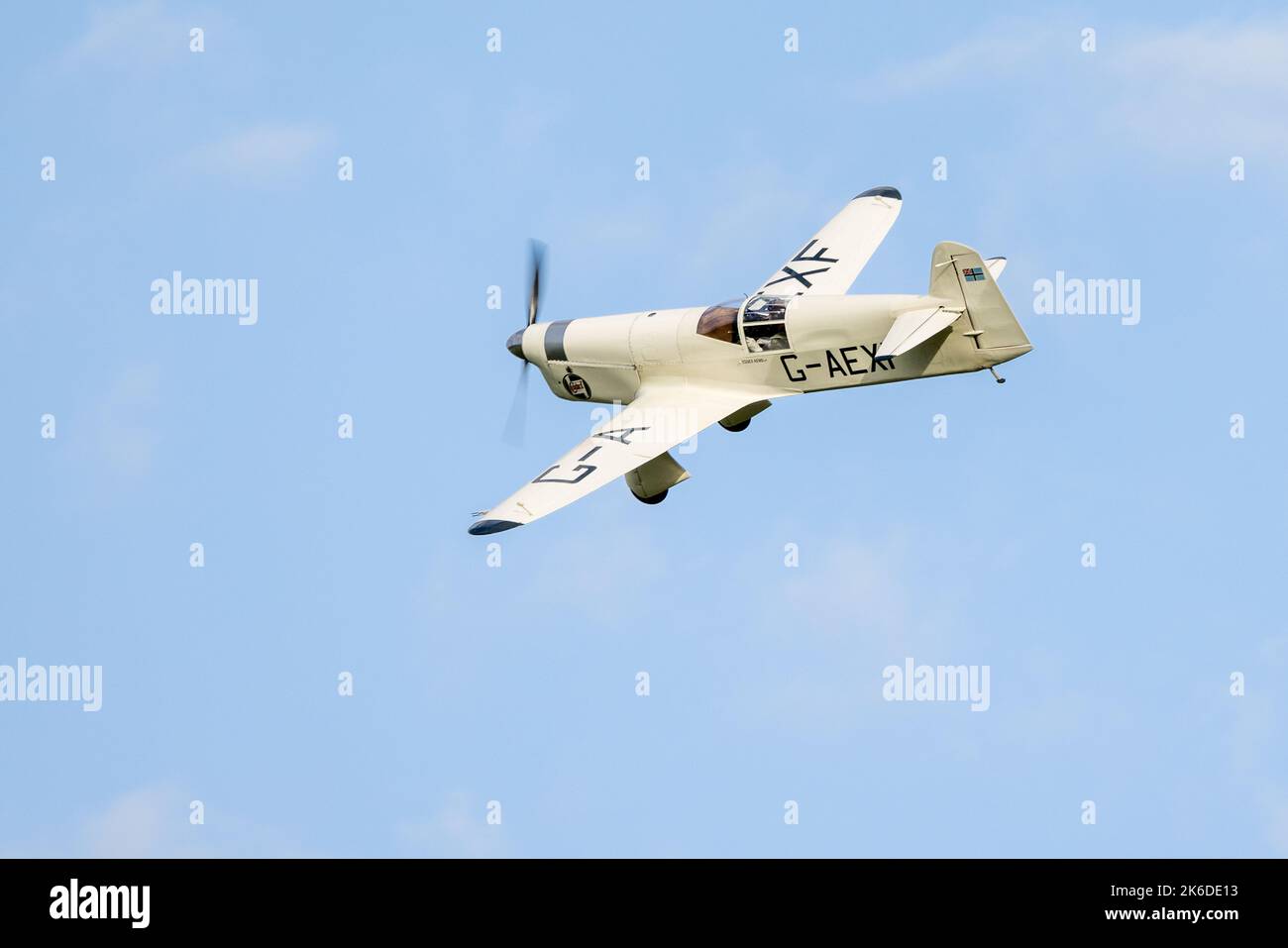 Percival Mew Gull ‘G-AEXF’ airborne at the Race Day airshow held at ...