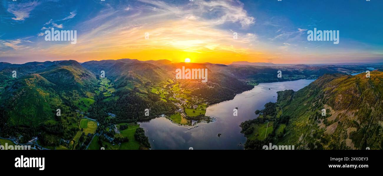 Aerial view of sunset over Ullswater lake in Lake District, a region ...