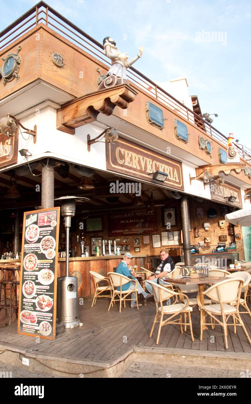 Pub with mastheads, Puerta del Carmen, Lanzarote, Canary Islands Stock ...