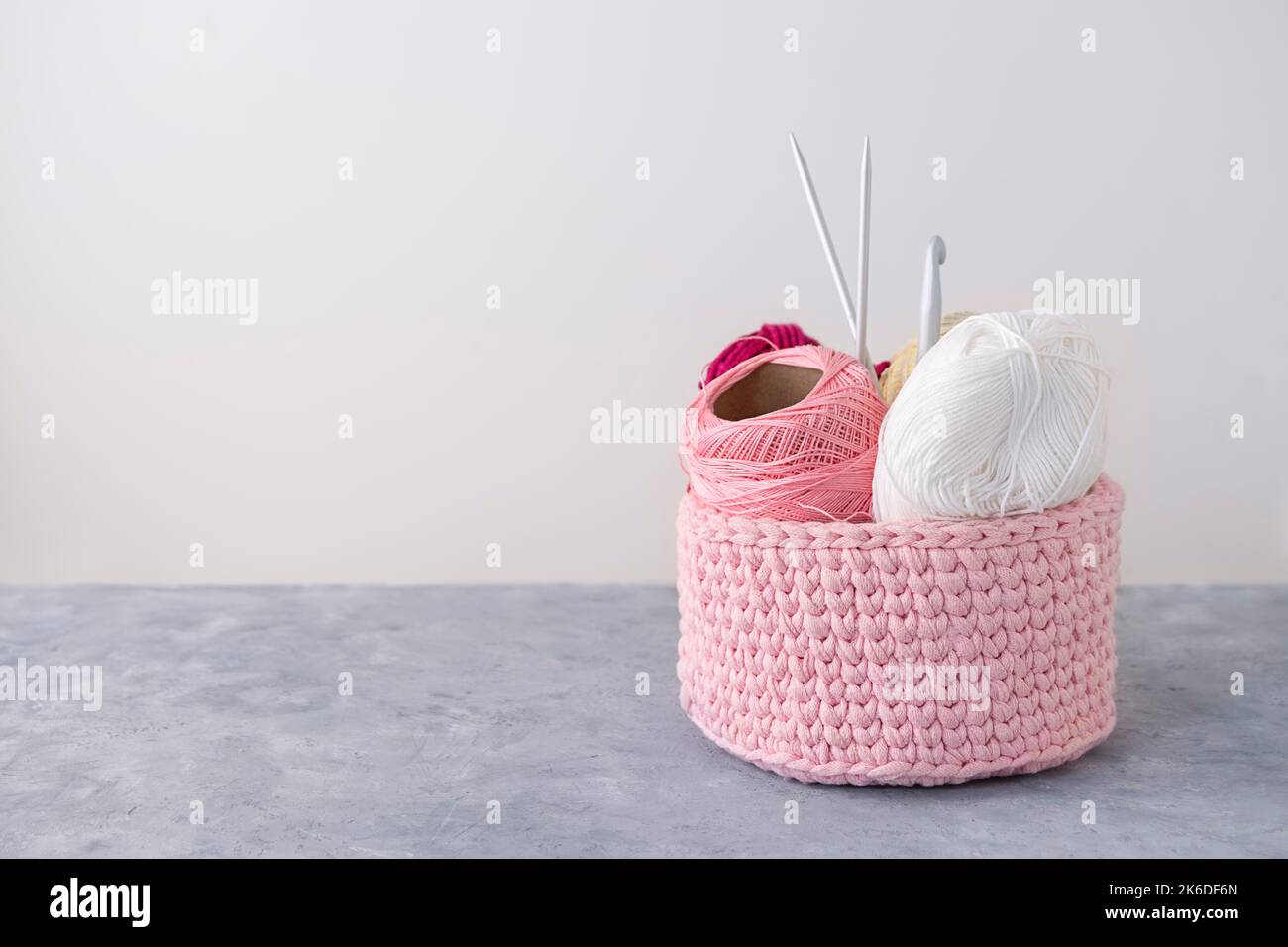 Crochet basket with handcraft tools for knitting and crocheting with ...